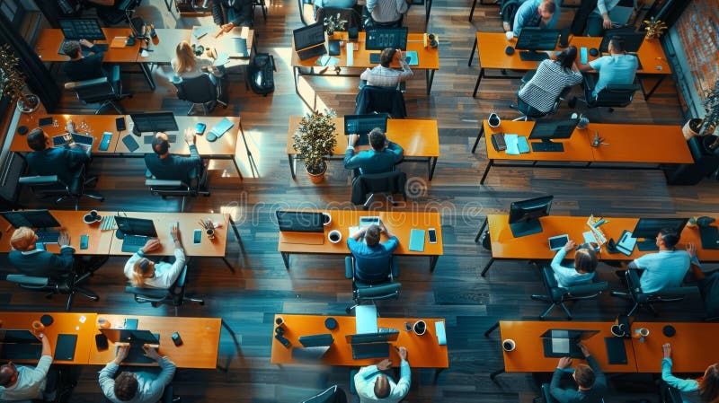 An Open Space Office with a Row of Businessmen and Salespeople Working ...