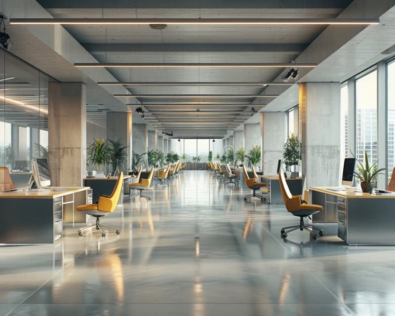 Open Space Office with Rows of Chairs and Desks, Spacious and Modern ...