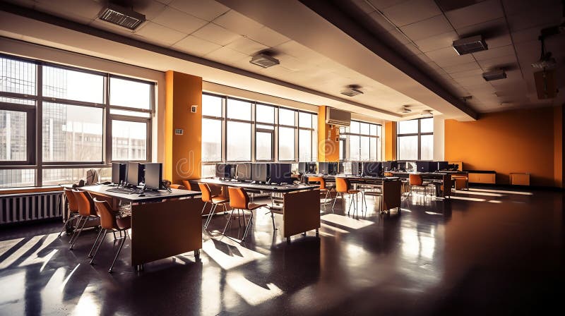 Open Space Office with Rows of Computer Tables. Generative Ai Stock ...