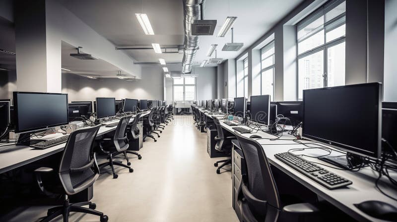 Open Space Office with Rows of Computer Tables. Generative Ai Stock ...