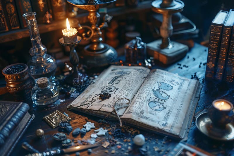 Open Spell Book Lying on Alchemist& X27;s Table with Burning Candles ...