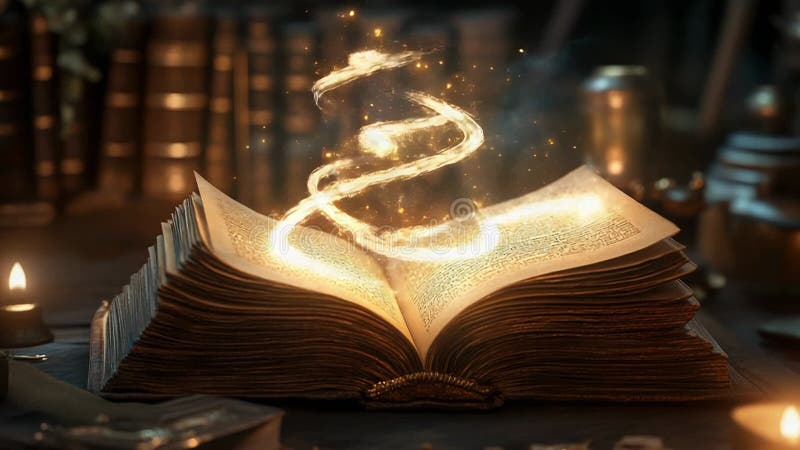Open Spell Book with Magic Particles Floating Above it in a Mysterious ...