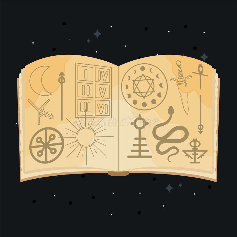 Open Spell Book with Mystical Symbols and Dark Background, Vector Stock ...
