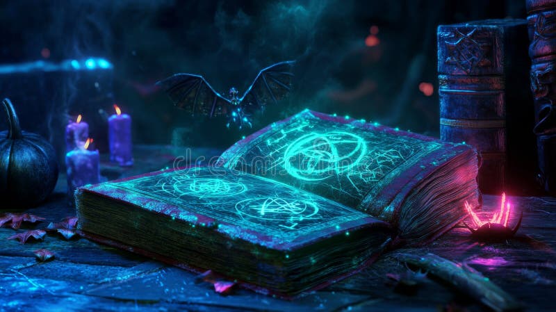 Open Spellbook with Glowing Runes and a Bat Flying Above Stock ...