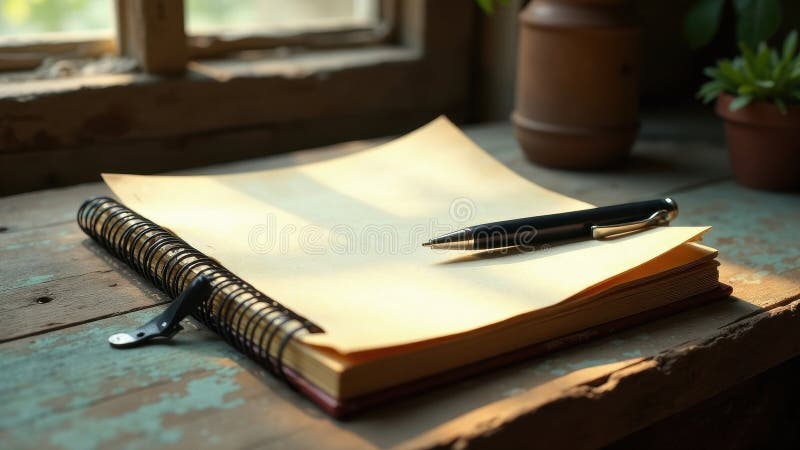 Open Spiral-bound Notebook with Pen Rests on Rustic Wooden Surface ...