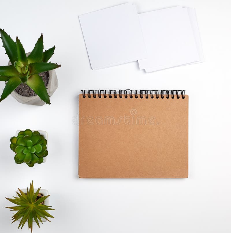 Brown Spiral Notebook with Empty Sheets, Pen and Green Plants in a Pot ...