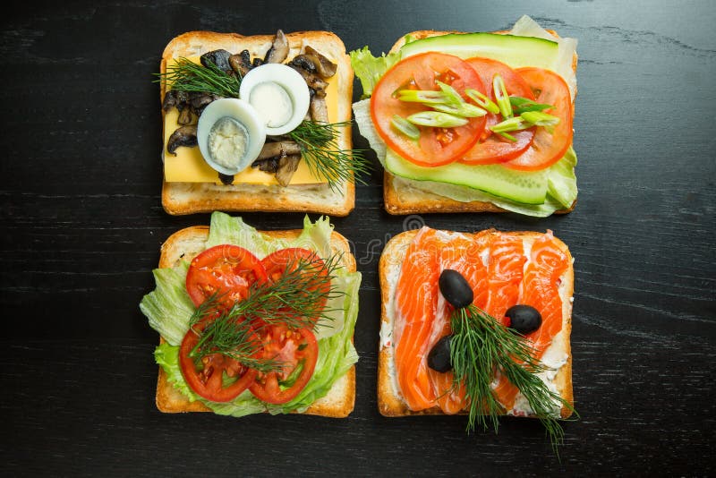 Open Square Sandwiches with Different Fillings Stock Photo - Image of ...