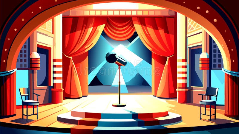 An Open Stage with a Microphone and Hanging Red Curtains Stock Vector - Illustration of scene ...