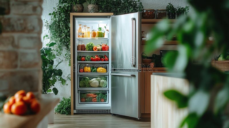 Open Stainless Steel Refrigerator Filled with Fresh Produce in a Modern ...