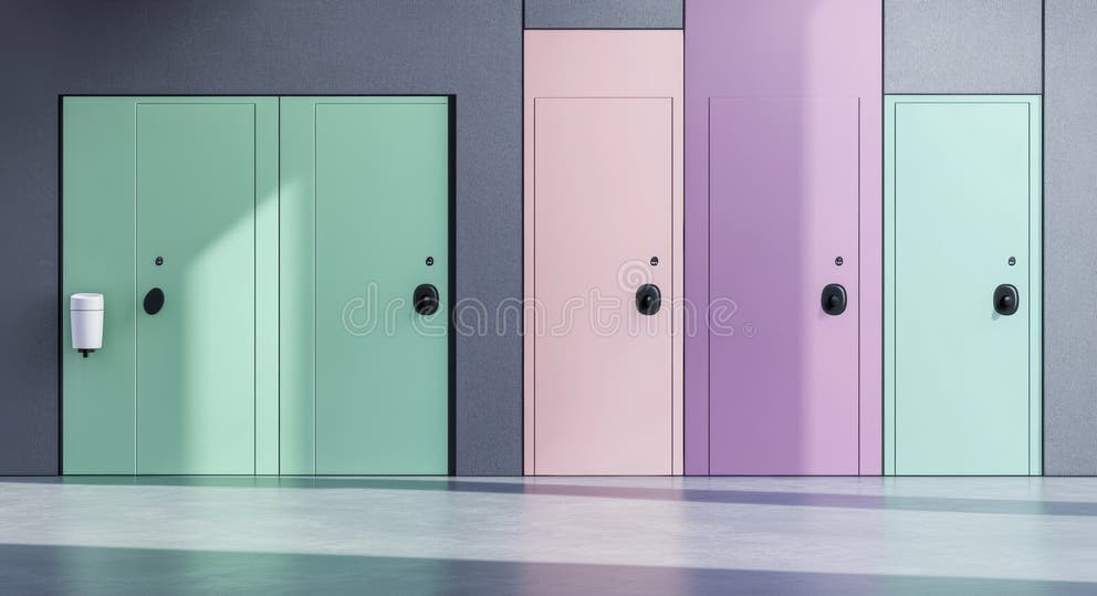 An Open Stall Door, Sink, and Mirror are on Display Inside a Public ...