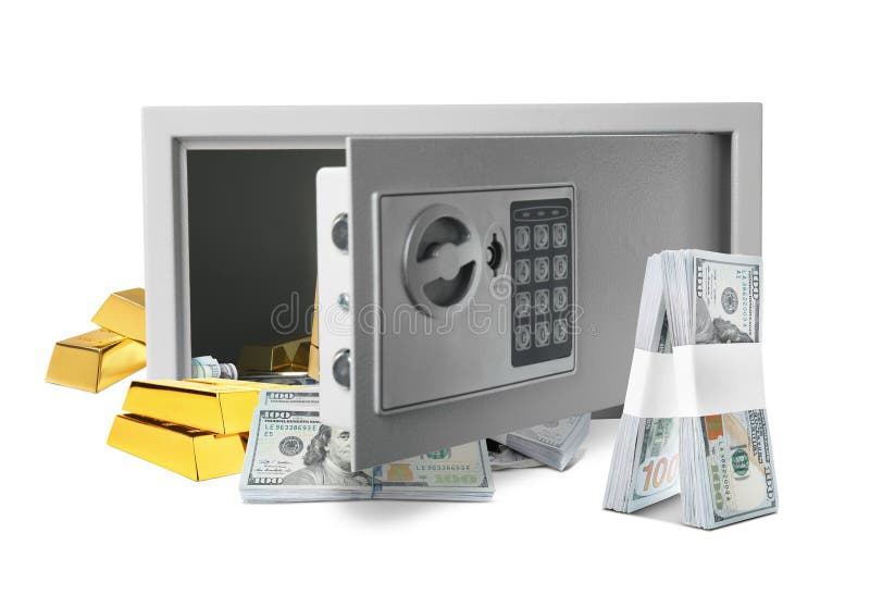 Open Steel Safe with Money and Gold Bars on White Background Stock ...