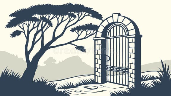 Open Stone Gate with Bare Tree. Ancient Flat Vector Entrance, Vector ...