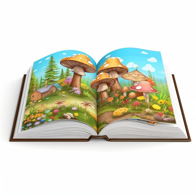 Open Storybook with Colorful Illustration of Magical Forest Scene Stock ...