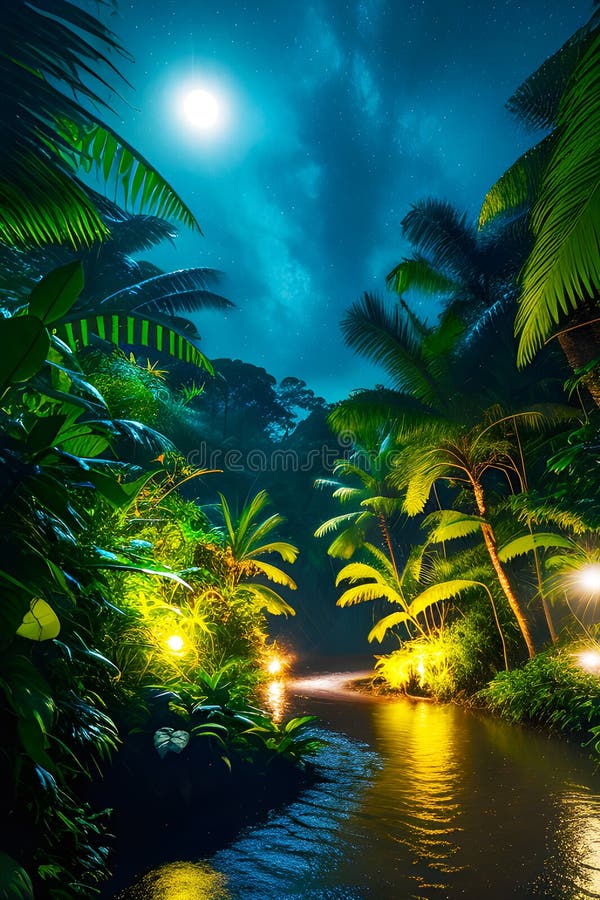 Open Stream through a Thick Dark Forest at Night Generated by Ai Stock ...