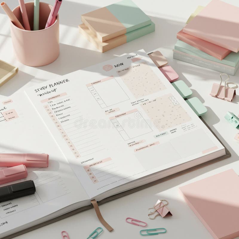 Open Study Planner Notebook with a Pastel Aesthetic, Featuring Sections ...