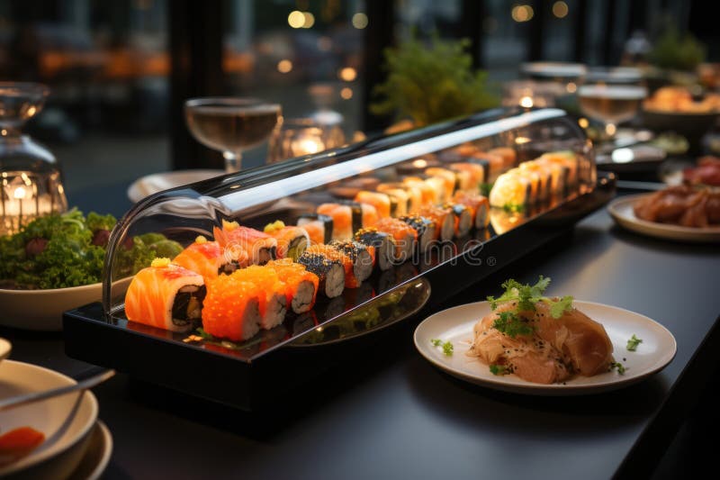 Open -style Sushi Dish in a Modern, Glass Wall Sushi Bar., Generative ...