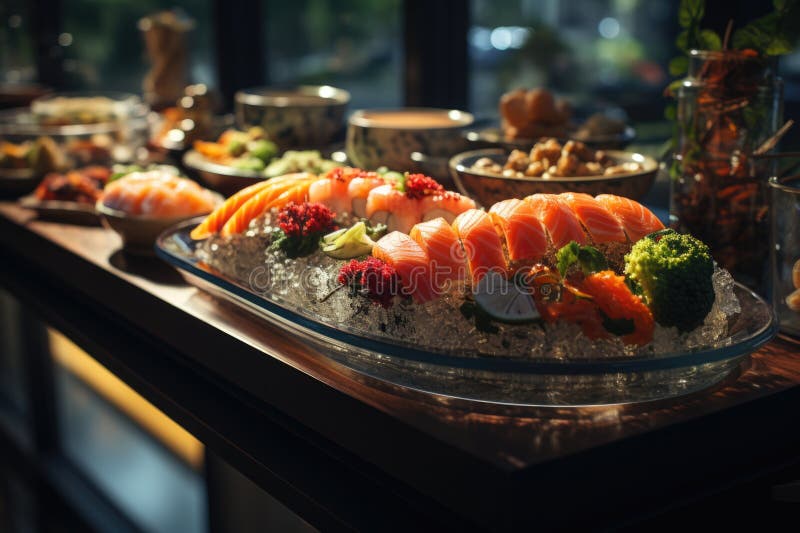 Open -style Sushi Dish in a Modern, Glass Wall Sushi Bar., Generative ...