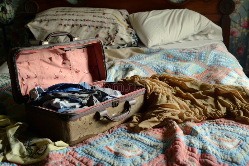 Open Suitcase on Bed, Clothes Spilling Onto Quilt Stock Illustration - Illustration of travel ...