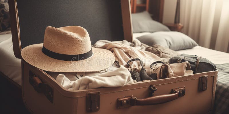 An Open Suitcase on a Bed, Filled with Clothes and Travel Essentials, Ready for Adventure ...
