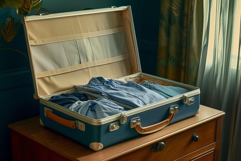 Open Suitcase with Clothes Neatly Arranged on a Dresser Stock Photo ...