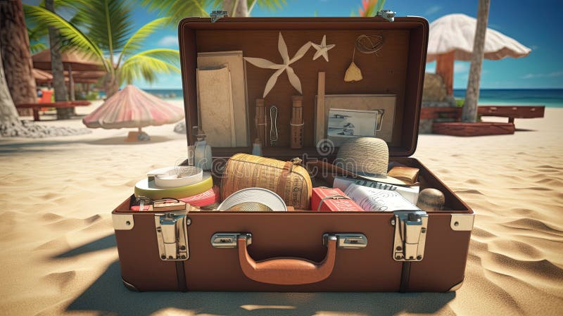 Open Suitcase with Inside: a Tropical Beach, Suitcases, Sand, Shells ...
