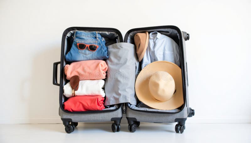 Open Suitcase Packed with Clothes and Accessories for a Vacation Stock ...