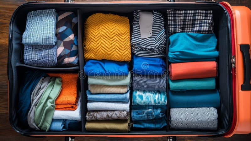 An Open Suitcase Packed with Neatly Folded Clothing Stock Illustration - Illustration of ...