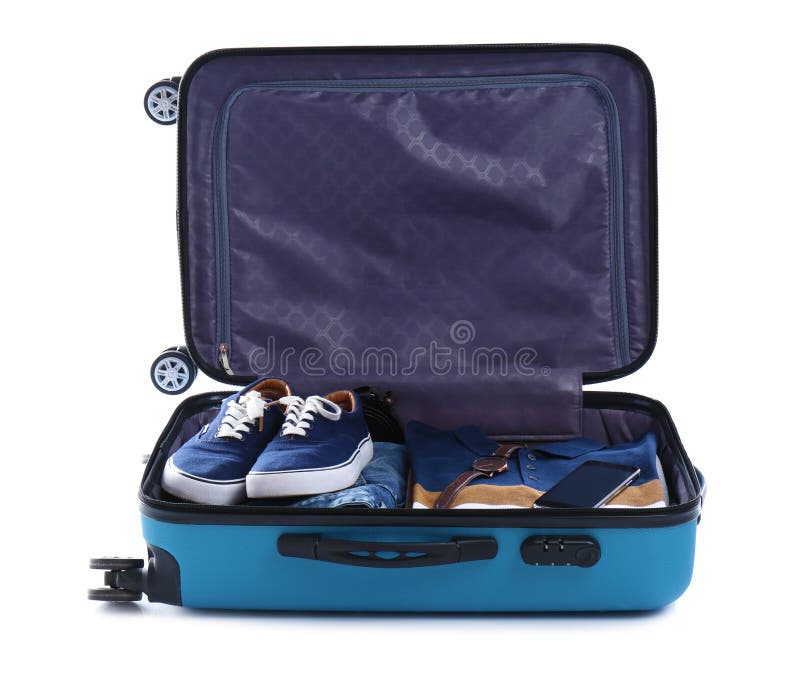 Open Suitcase Packed for Travelling Stock Photo - Image of jeans ...