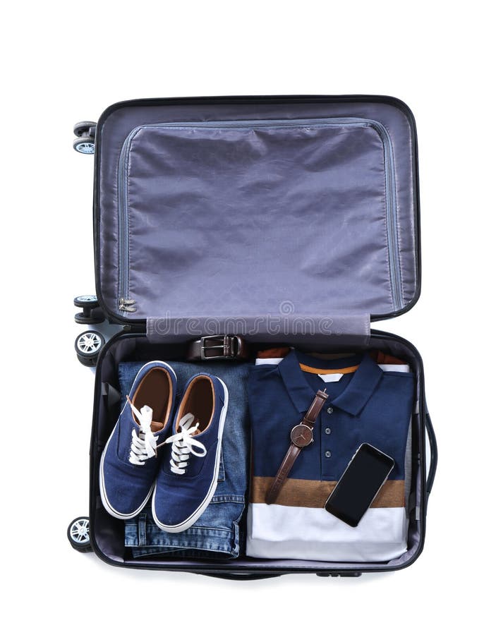 Open Suitcase Packed for Travelling on White Background Stock Photo ...
