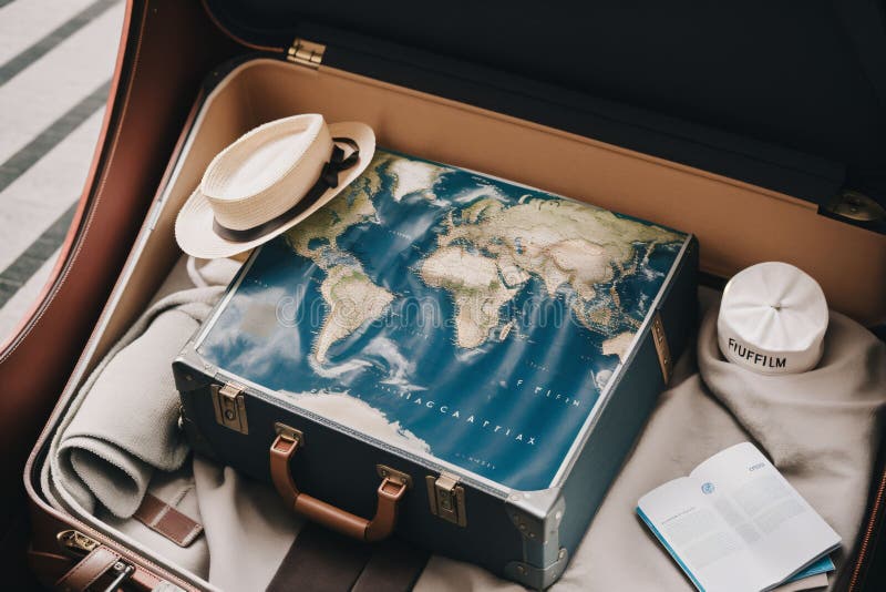 An Open Suitcase with a Sun Hat and Map Stock Illustration ...