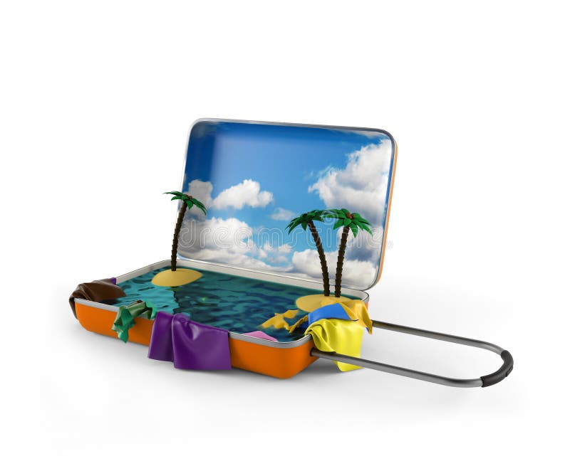 Open Suitcase with a Tropical Island Inside. 3d Render Stock ...