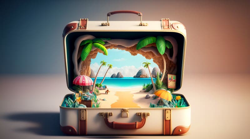 An Open Suitcase with a Tropical Island Inside Stock Illustration ...