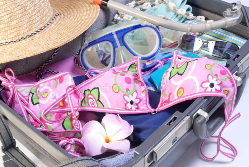 Open Suitcase with Vacation Items Stock Image - Image of bikini, gear ...