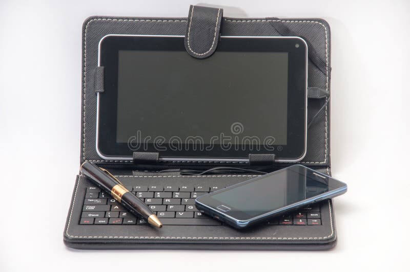 Open Tablet with Keyboard and Android Mobile Phone Stock Image - Image ...
