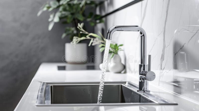 Open Tap with High Pressure Water in a Modern Bright Kitchen Stock ...
