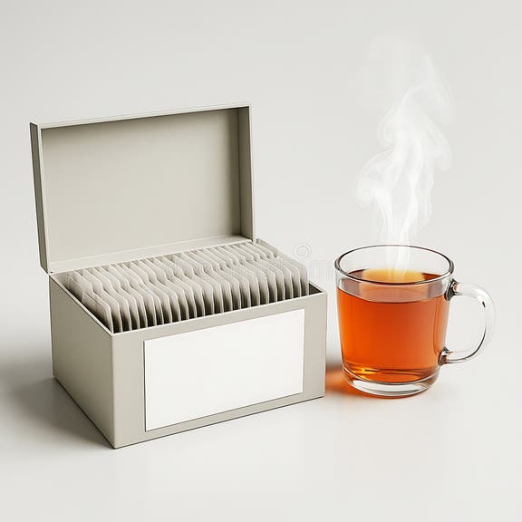 Open Tea Box Mockup with Steaming Mug Stock Illustration - Illustration ...