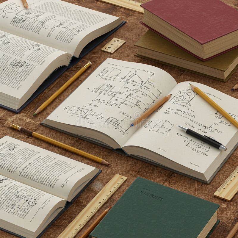 Open Technical Books with Mechanical Drawings and Diagrams are Spread ...