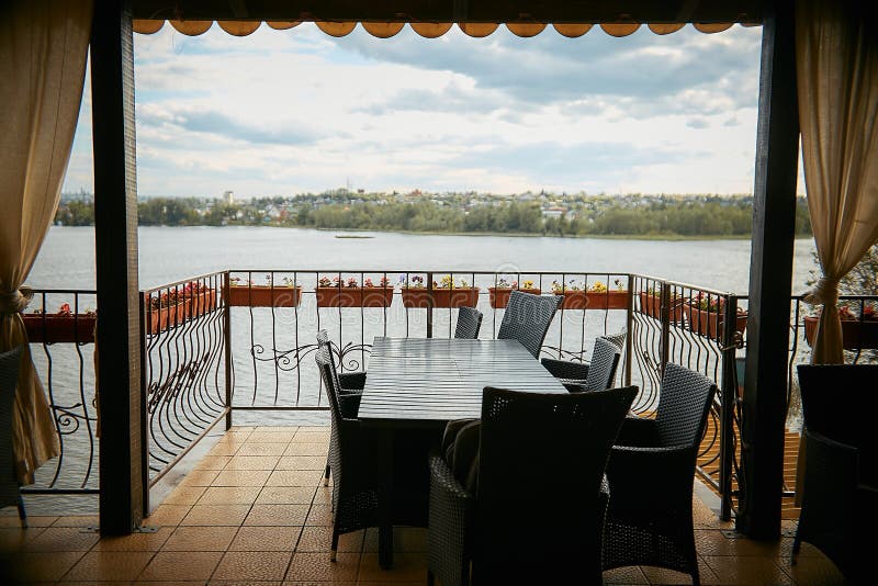 Open Terrace in an Empty Summer Cafe Overlooking the River Stock Image ...