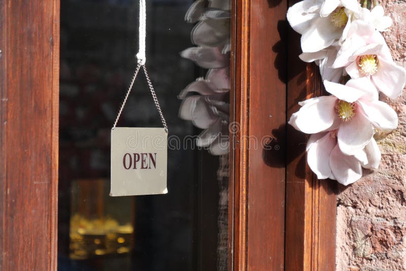 Open Text on Paper Hanging on Cafe Door Stock Photo - Image of banner ...
