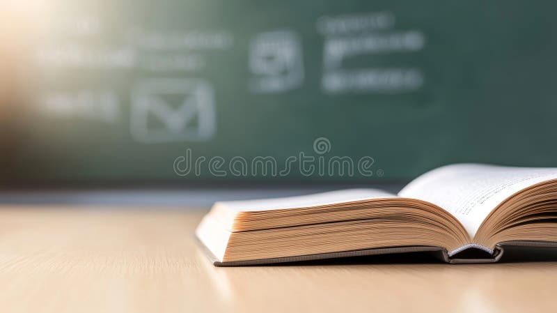 Open Textbook on a Classroom Desk with a Blurred Blackboard in the ...
