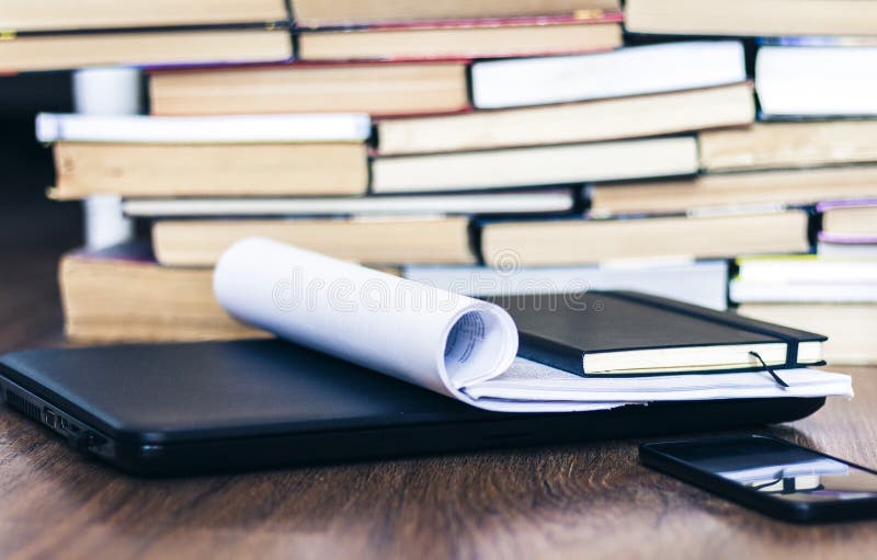 Open Textbook, Notebook, Smartphone, Laptop Computer, Stack of Books ...