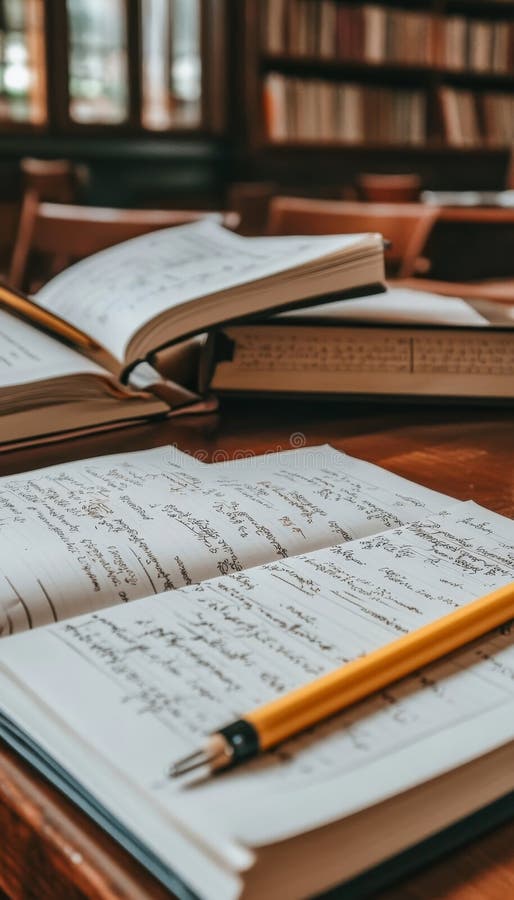 Open Textbook with Notes, Stack of Books on Wooden Desk, Back To School ...