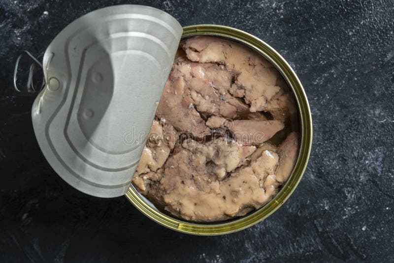 Open Tin Can with Cod Liver on Wooden Table Background, Closeup, Top ...
