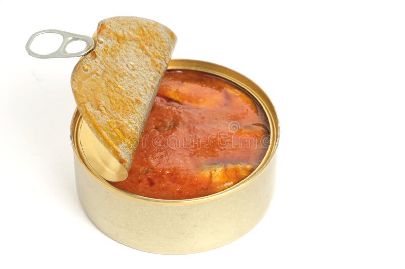 Open Tin Can with Fish in Tomato on White Background. Stock Photo ...