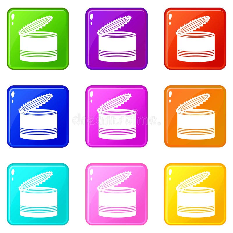 Open tin can icons 9 set stock vector. Illustration of container - 96080230