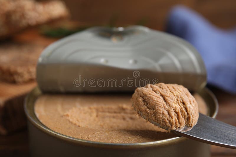 Open Tin Can with Meat Pate and Knife on Table, Closeup Stock Image ...