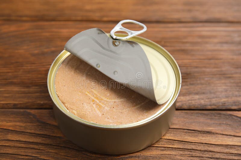Open Tin Can with Meat Pate on Wooden Table, Closeup Stock Photo ...