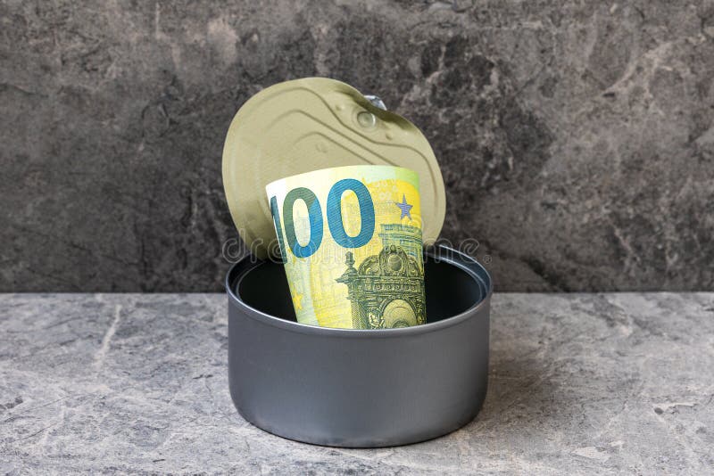 Open Tin Can with a One Hundred Euro Banknote Stock Photo - Image of ...