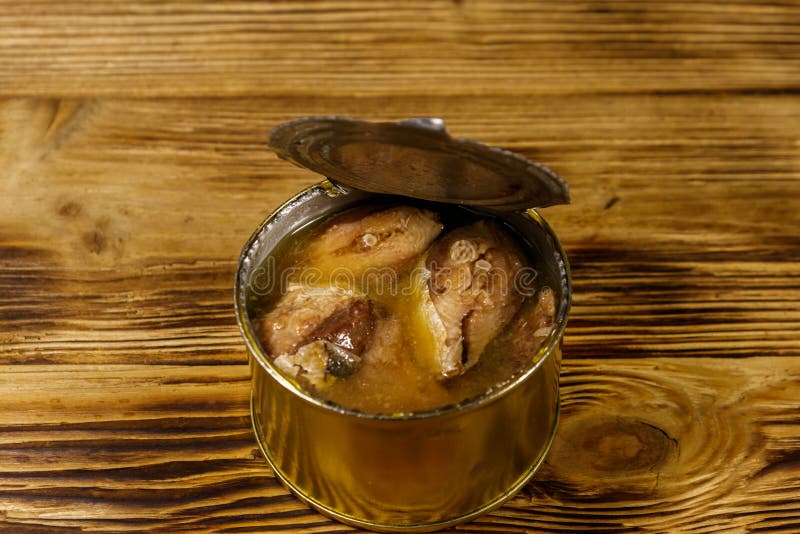Open Tin Can of Sardine Fish on Wooden Table Stock Image - Image of ...