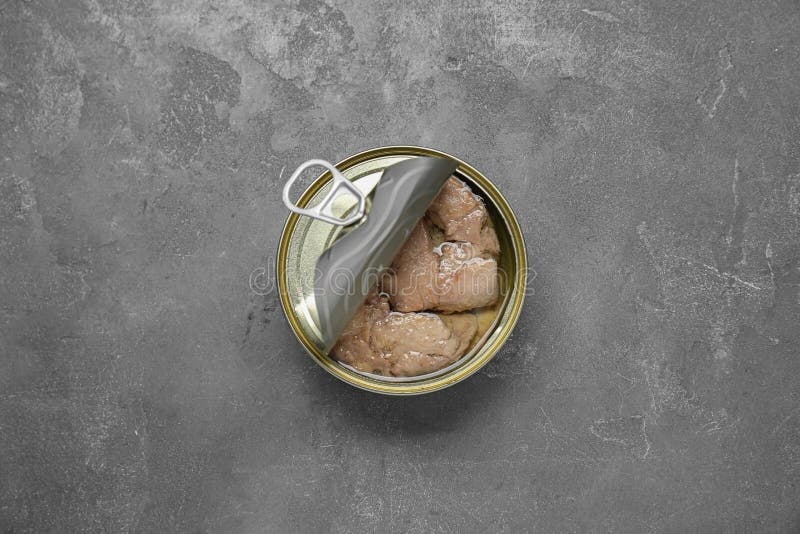 Open Tin Can of Tasty Cod Liver on Grey Table, Top View Stock Photo ...